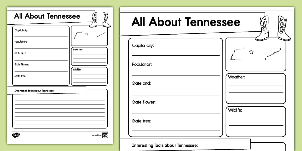 All About Tennessee Research Worksheet for K-2nd Grade