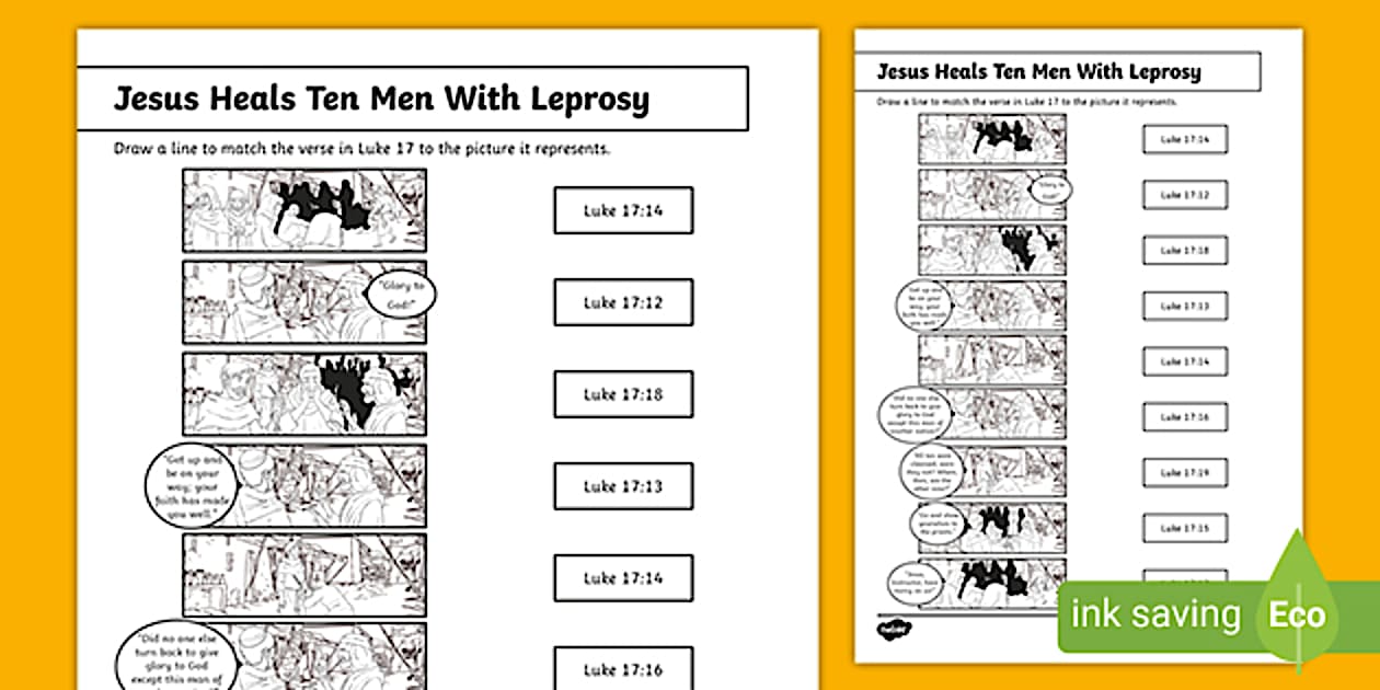 Jesus Heals Ten Men with Leprosy Matching Worksheet - Twinkl