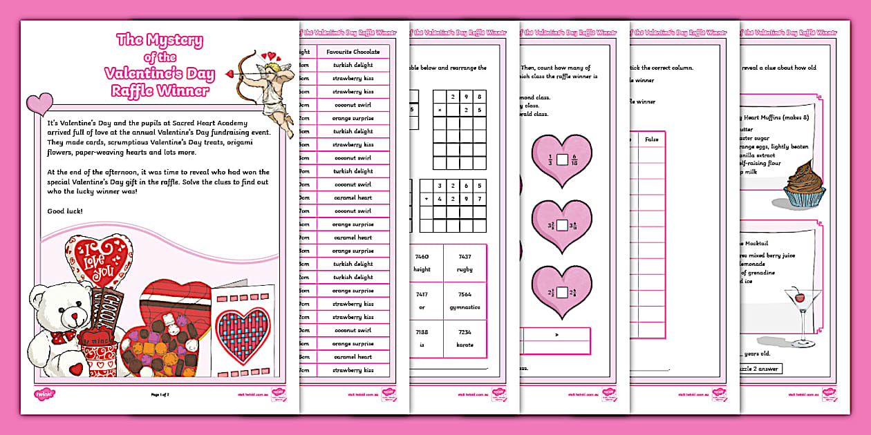 Year 6 Mystery of the Valentine's Day Raffle Winner Maths Mystery Game