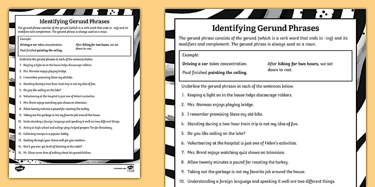 Identifying Gerund Phrases Worksheet for 6th-8th Grade