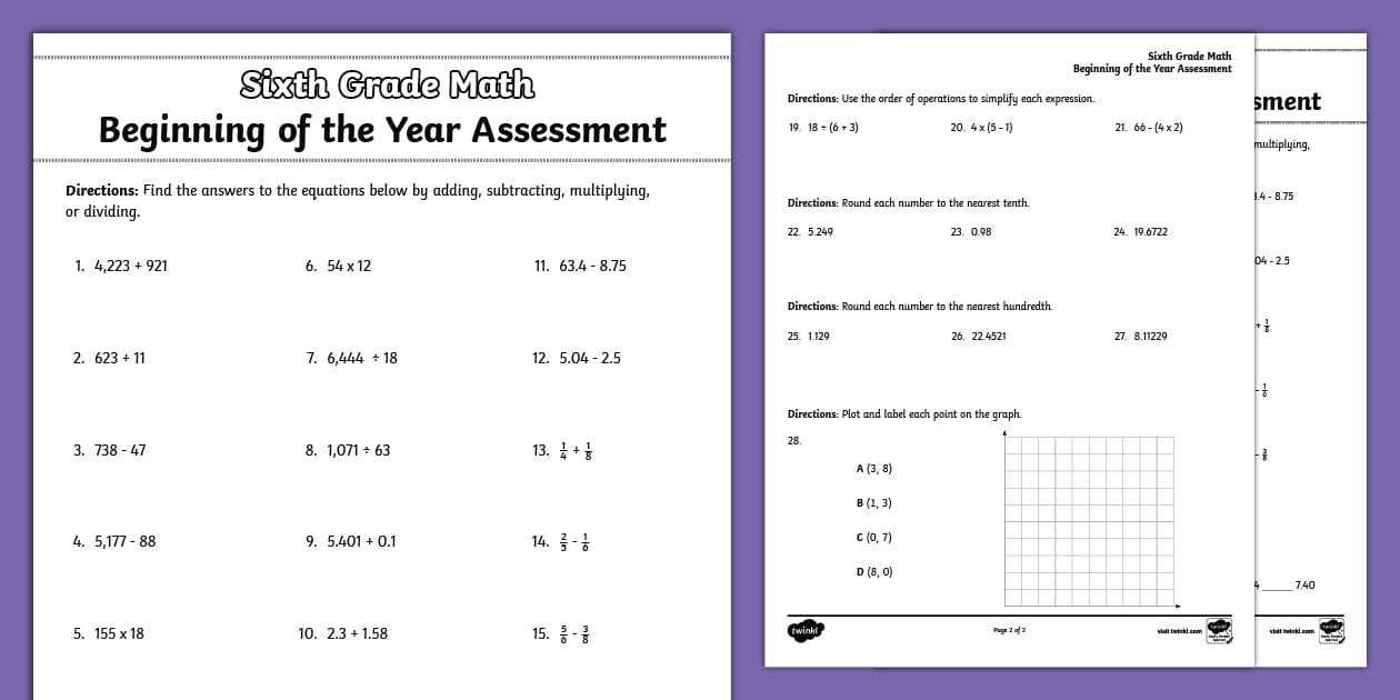 Sixth Grade Beginning of the Year Math Assessment - Twinkl