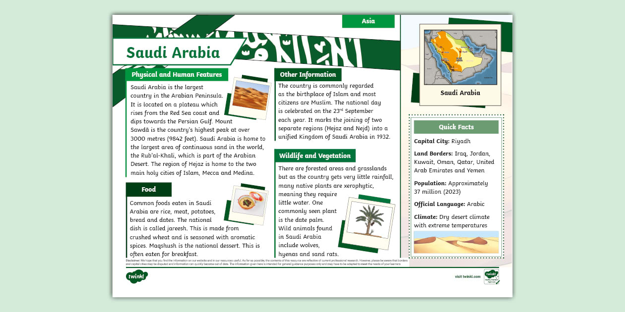 Saudi Arabia KS2 Fact File - Around the World - Twinkl