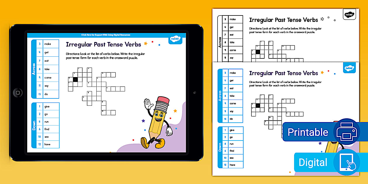 Irregular Past Tense Verbs Crossword Puzzle for K-2nd Grade