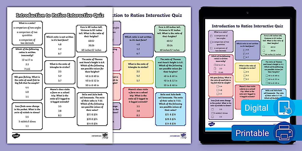 Sixth Grade Introduction to Ratios Quiz - Twinkl