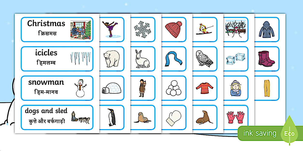 Winter Word Cards English/Hindi (teacher made) - Twinkl