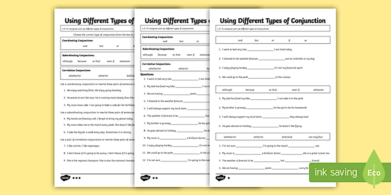 Conjunctions for Class 2 Worksheets (teacher made) - Twinkl