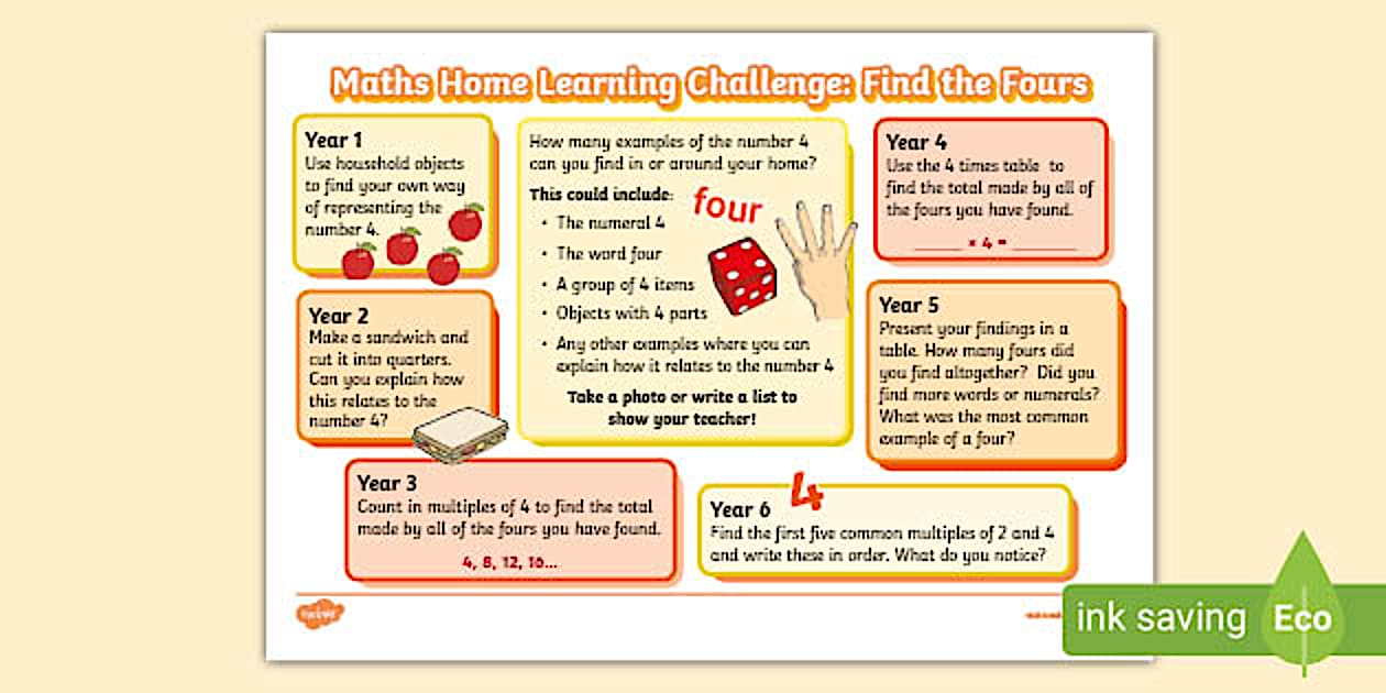 👉 Maths Home Learning Challenge: Find the Fours - Twinkl