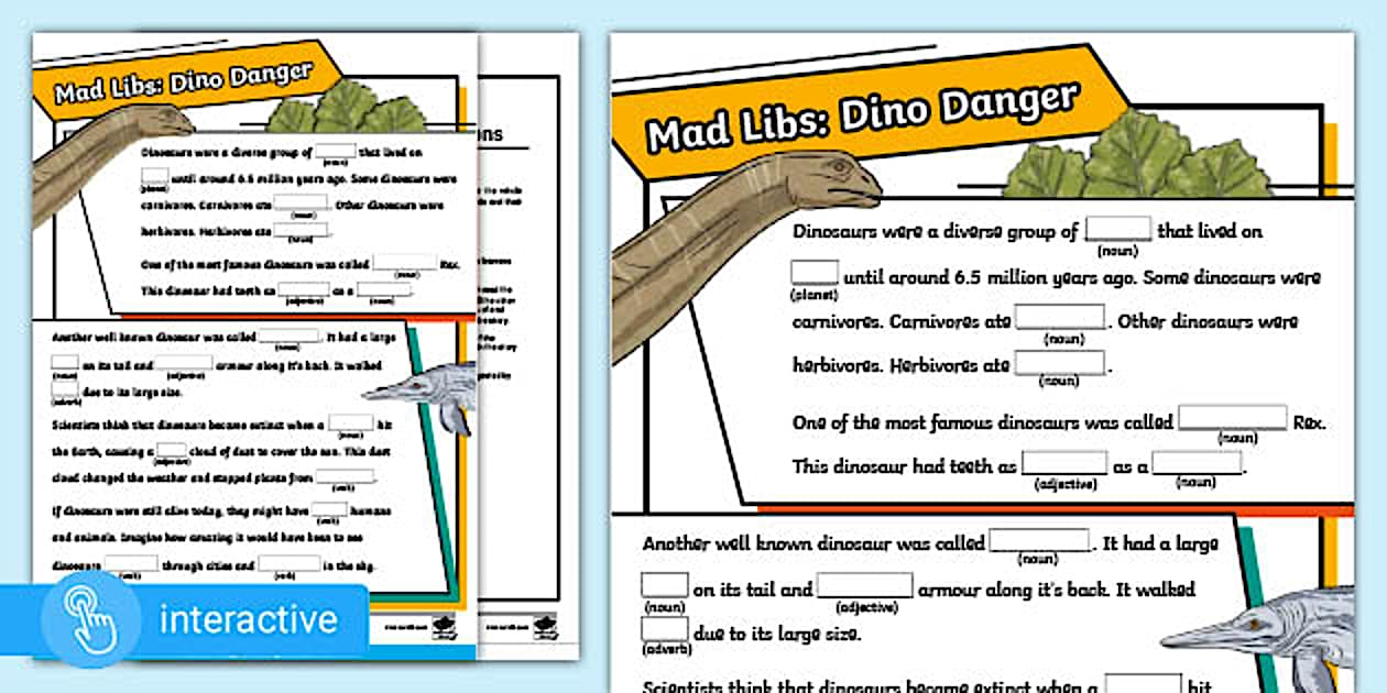 Interactive PDF: Mad Libs Dinosaur Danger - Twinkl