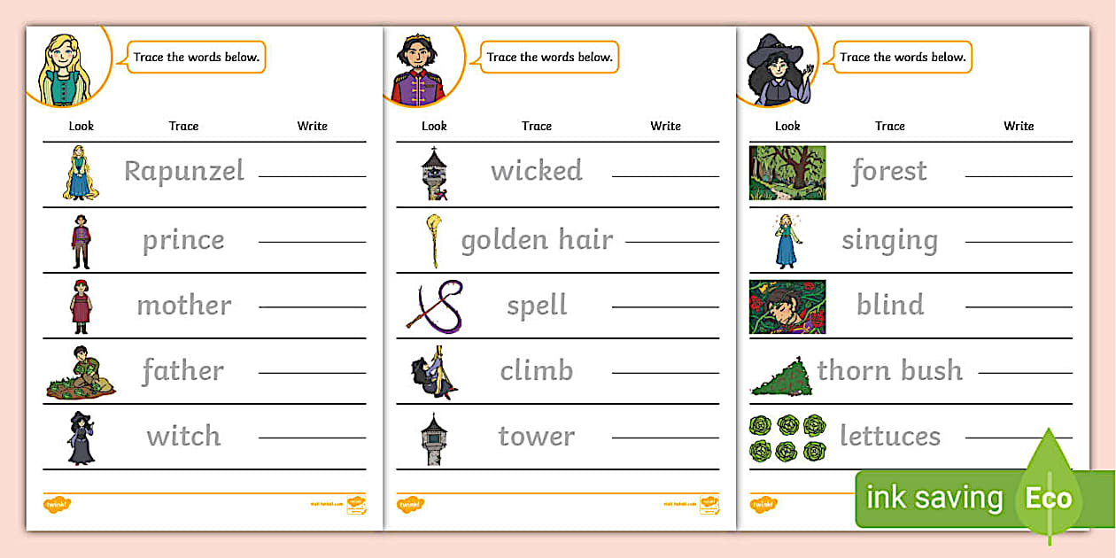 Black and White Rapunzel Trace the Words Worksheet - Twinkl
