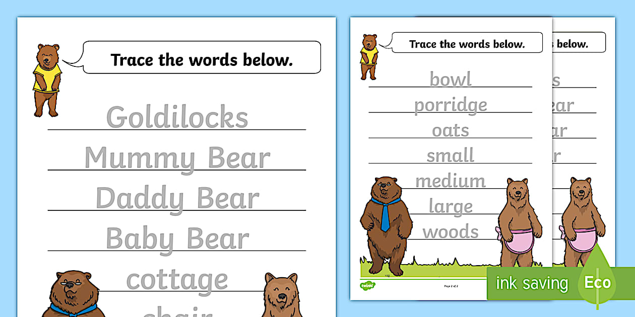Cursive Goldilocks and the Three Bears Trace the Words Worksheets