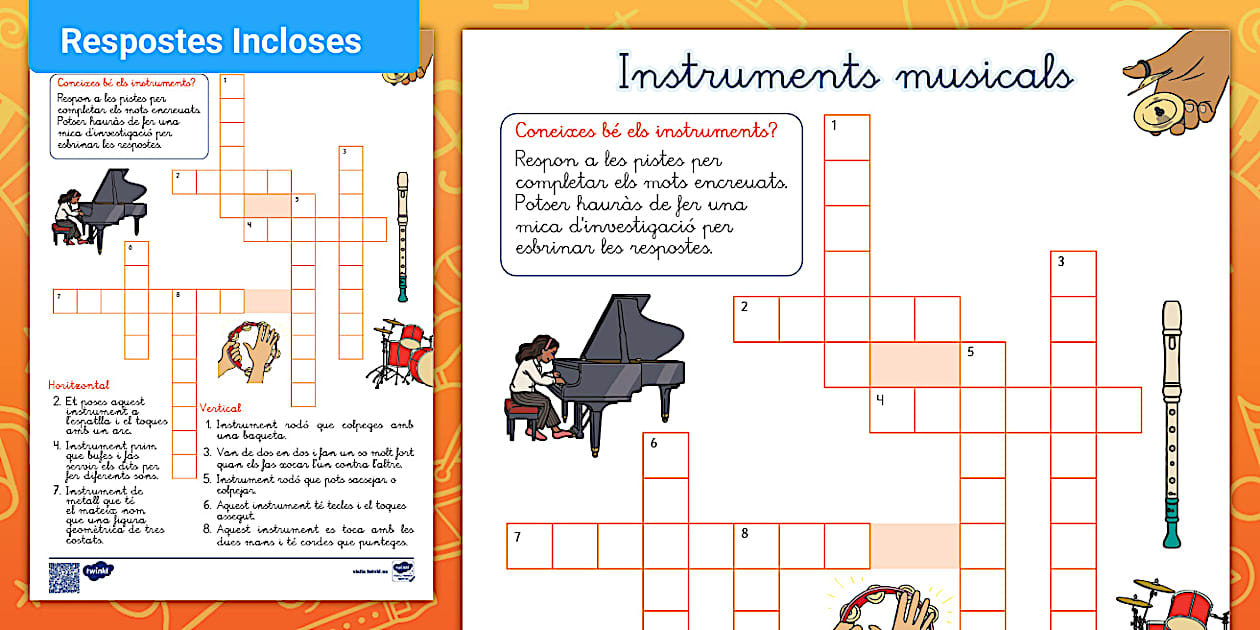 Mots encreuats: Instruments musicals - Català - Twinkl