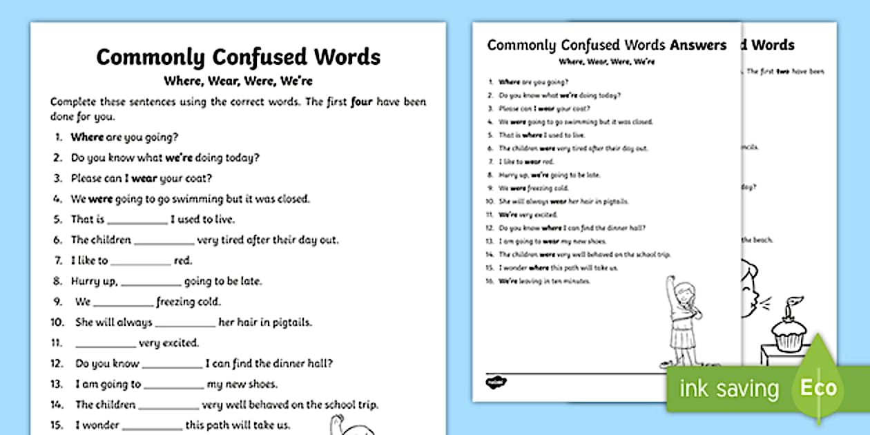 Homophones Practice Worksheets | Where, Were, We're, & Wear