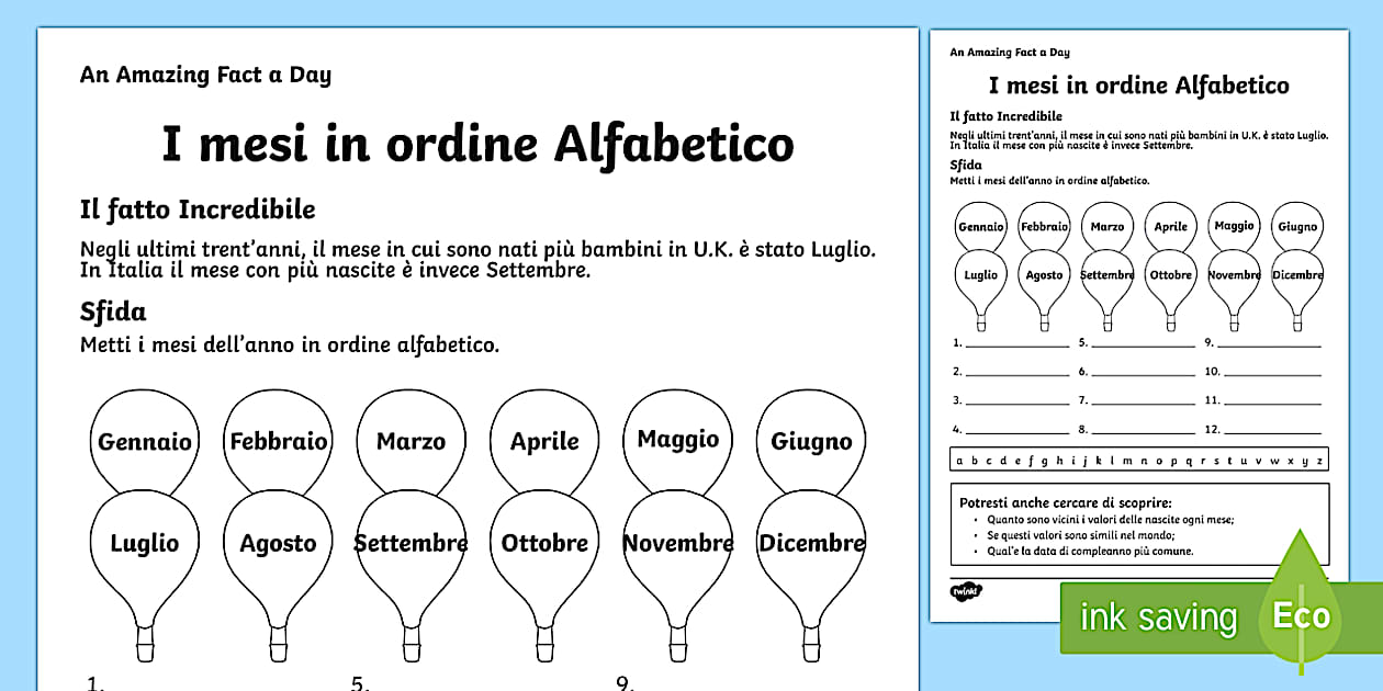 I Mesi in Ordine Alfabetico Esercizio (teacher made)