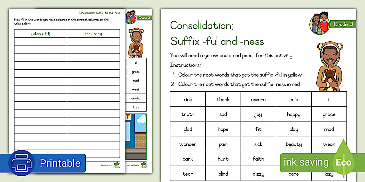 Suffix -ful and -ness Consolidation Worksheet (teacher made)