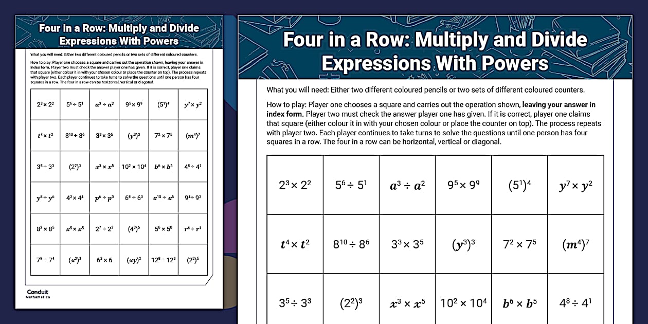 Four in a Row: Multiply and Divide Expressions With Powers