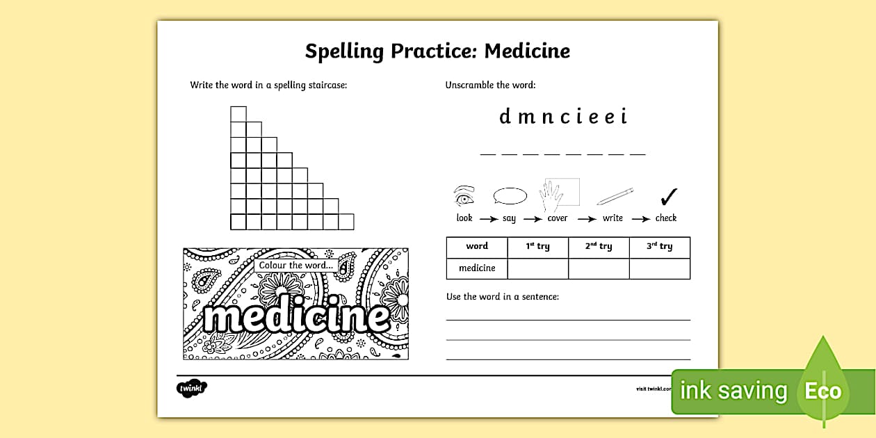 Medicine Spelling Practice Worksheet (teacher made) - Twinkl