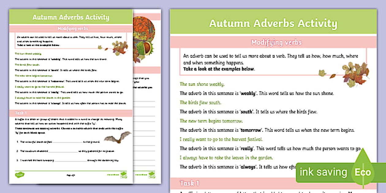 Adverbs Activity Sheets Autumn - Twinkl