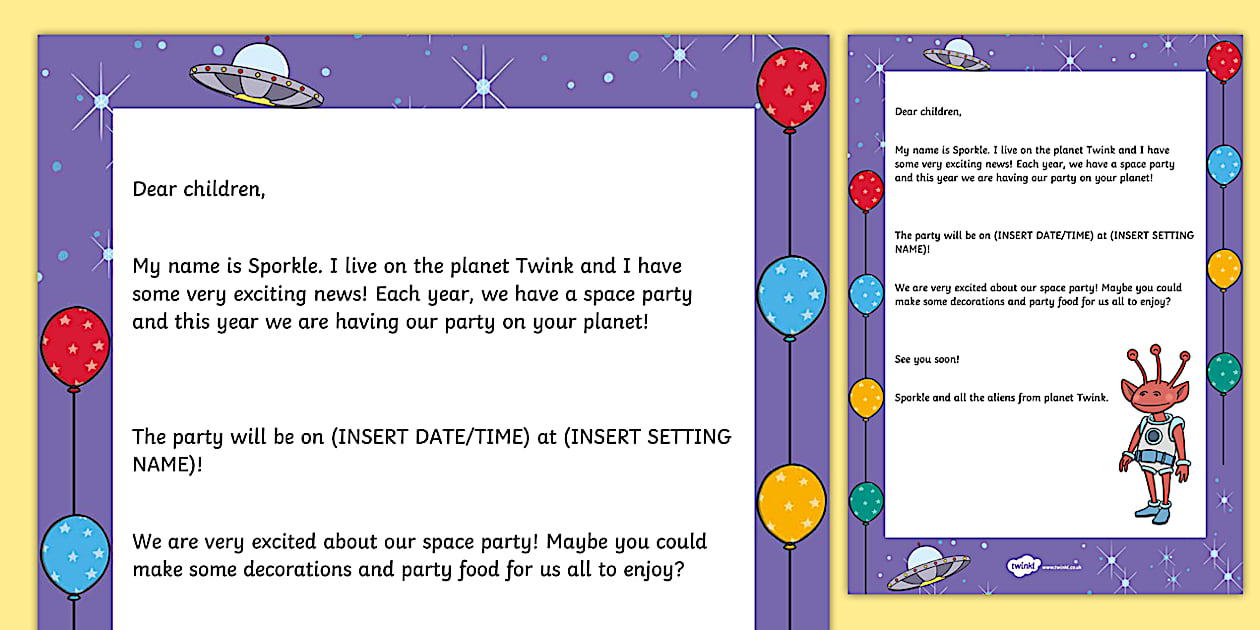 Editable Space Alien Party Letter (teacher made) - Twinkl