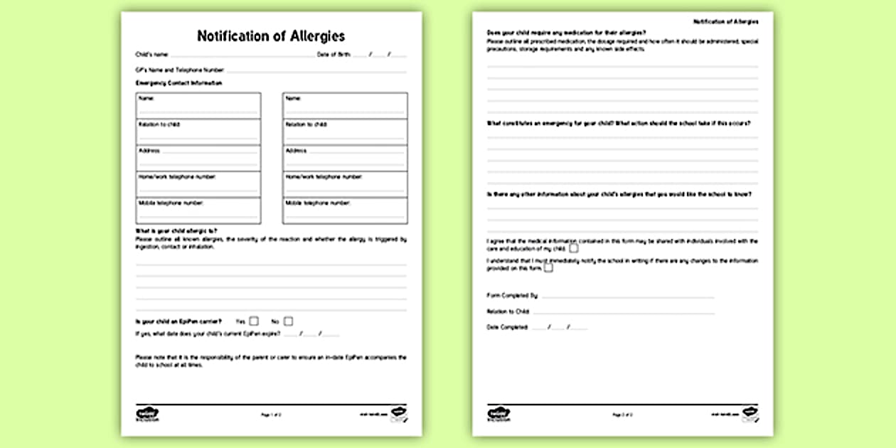 Notification of Allergies Form (teacher made) - Twinkl