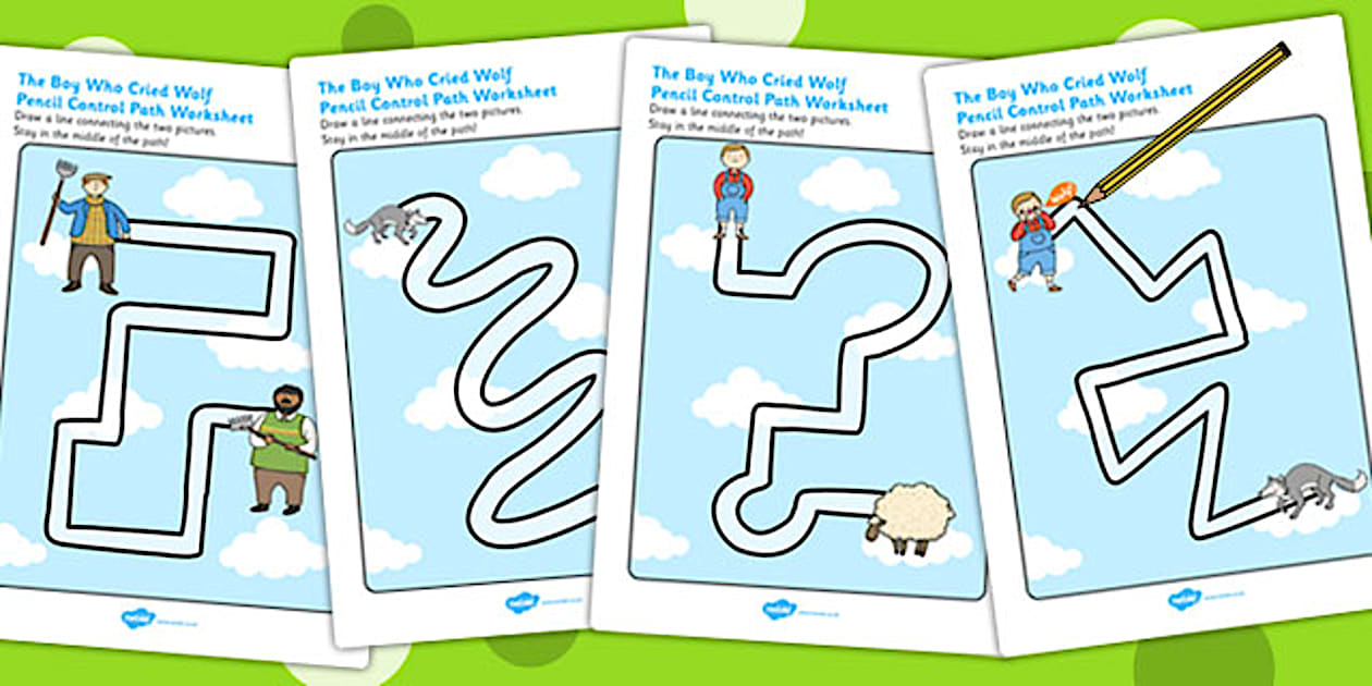 The Boy Who Cried Wolf Pencil Control Path Worksheets - stories