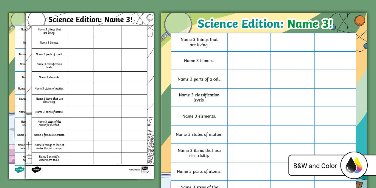 Science Edition: Name 3 Game for 3rd-5th Grade - Twinkl