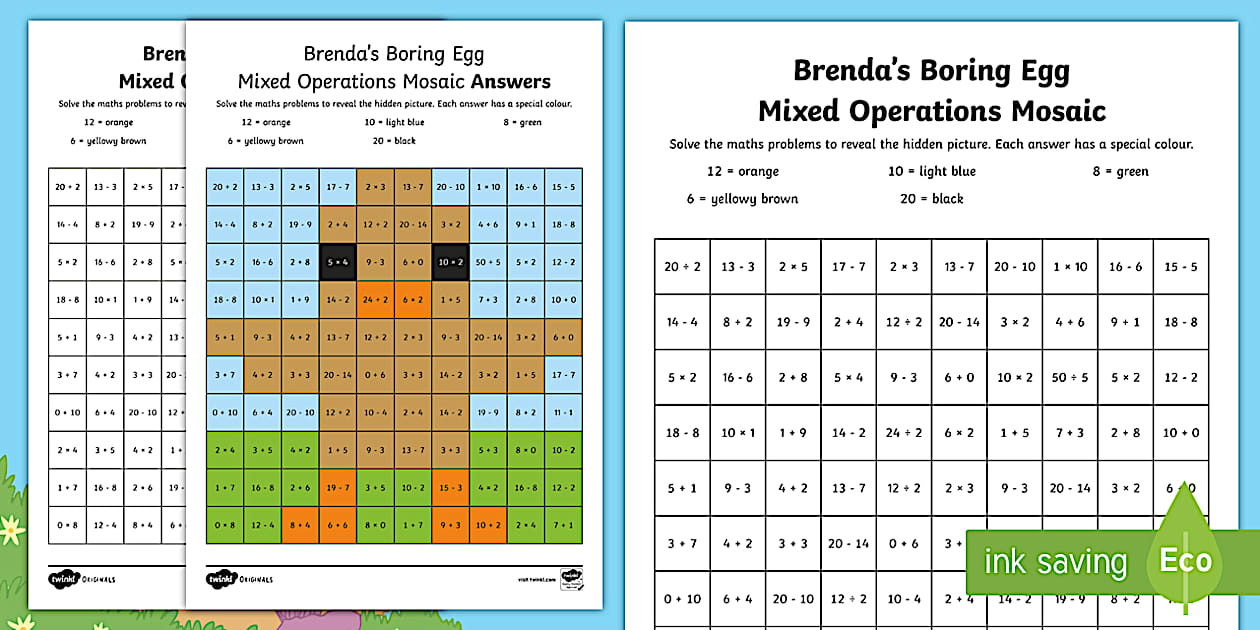 Brenda's Boring Egg Maths Mixed Operations Mosaic Worksheet / Worksheet