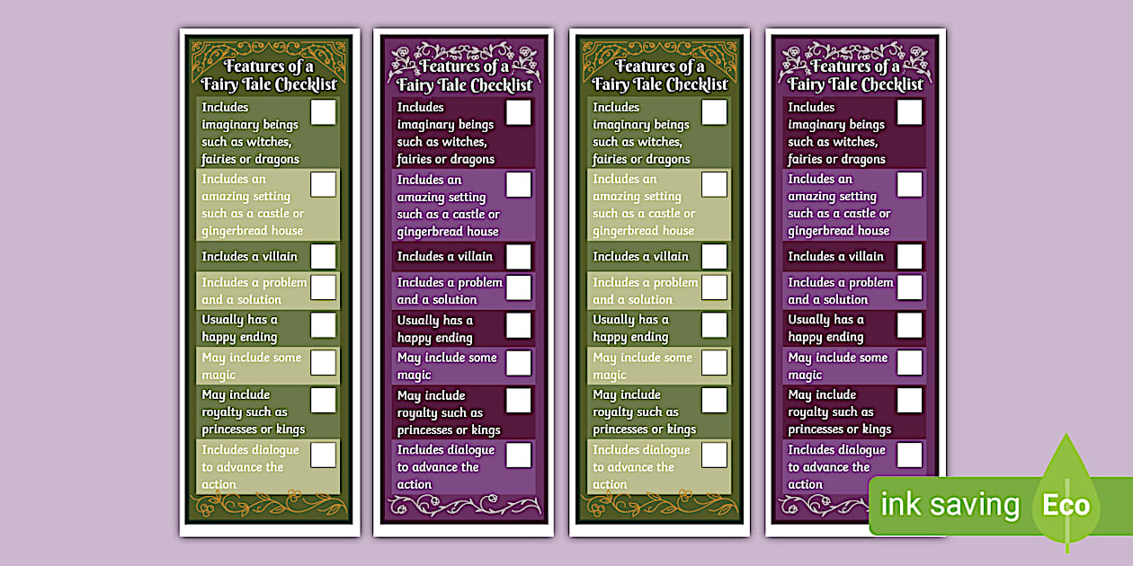 Features of a Fairy Tale Bookmark Checklist (teacher made)