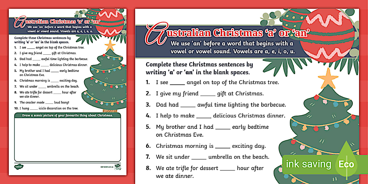Australian Christmas 'a' or 'an' Worksheet (Teacher-Made)