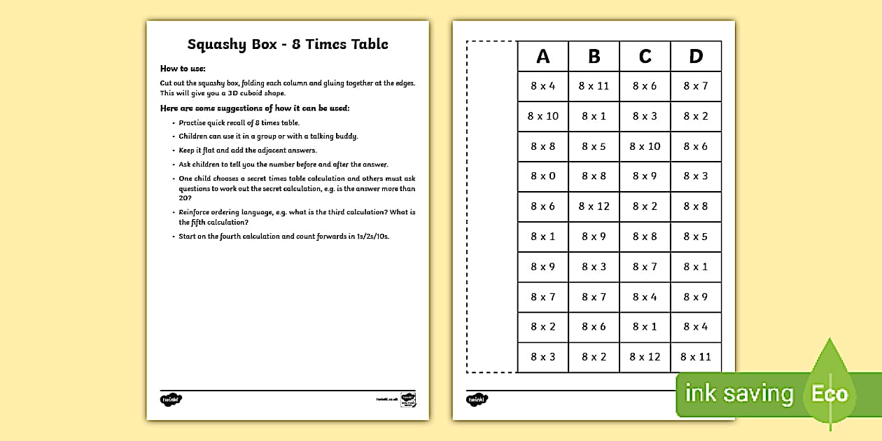 Editable Squashy Boxes 8 Times Tables Craft - Twinkl