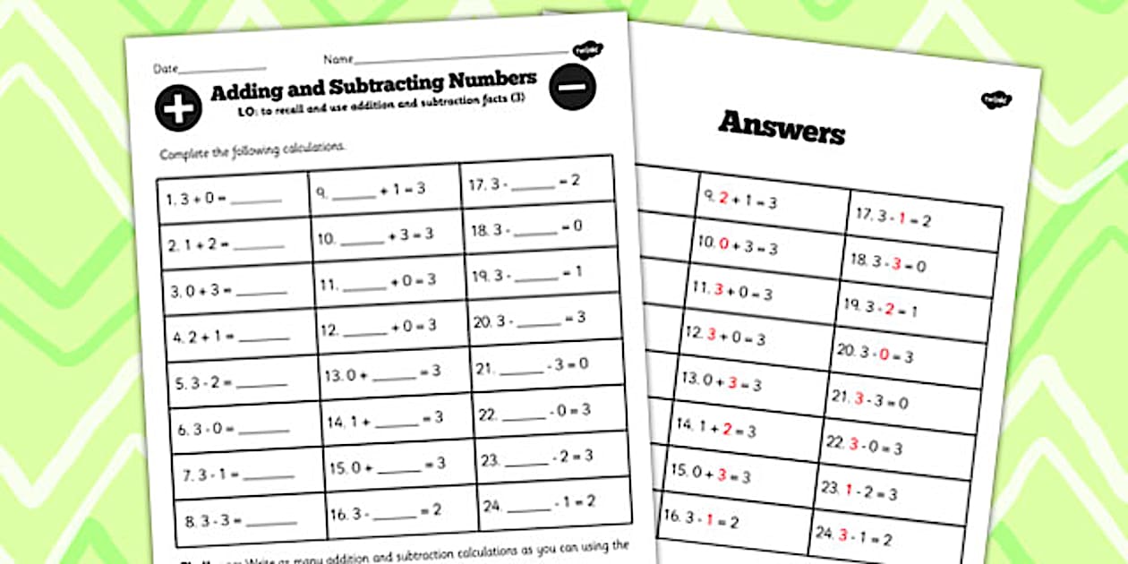 Number Facts to 3 Worksheet (Teacher-Made) - Twinkl