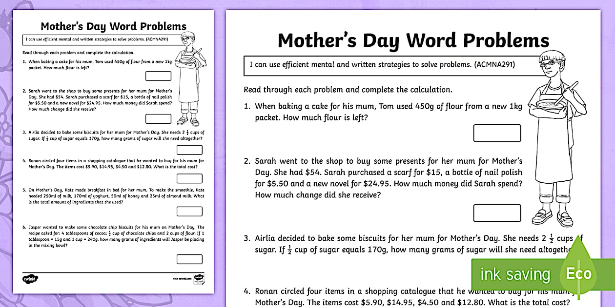 Year 5 Mother\'s Day Word Problems Worksheet / Worksheet
