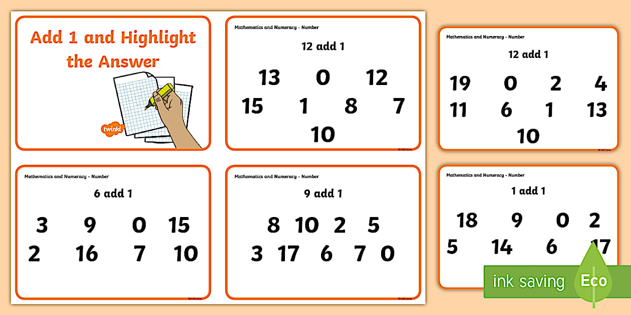 Add 1 and Highlight the Answer (0-20) Challenge Cards