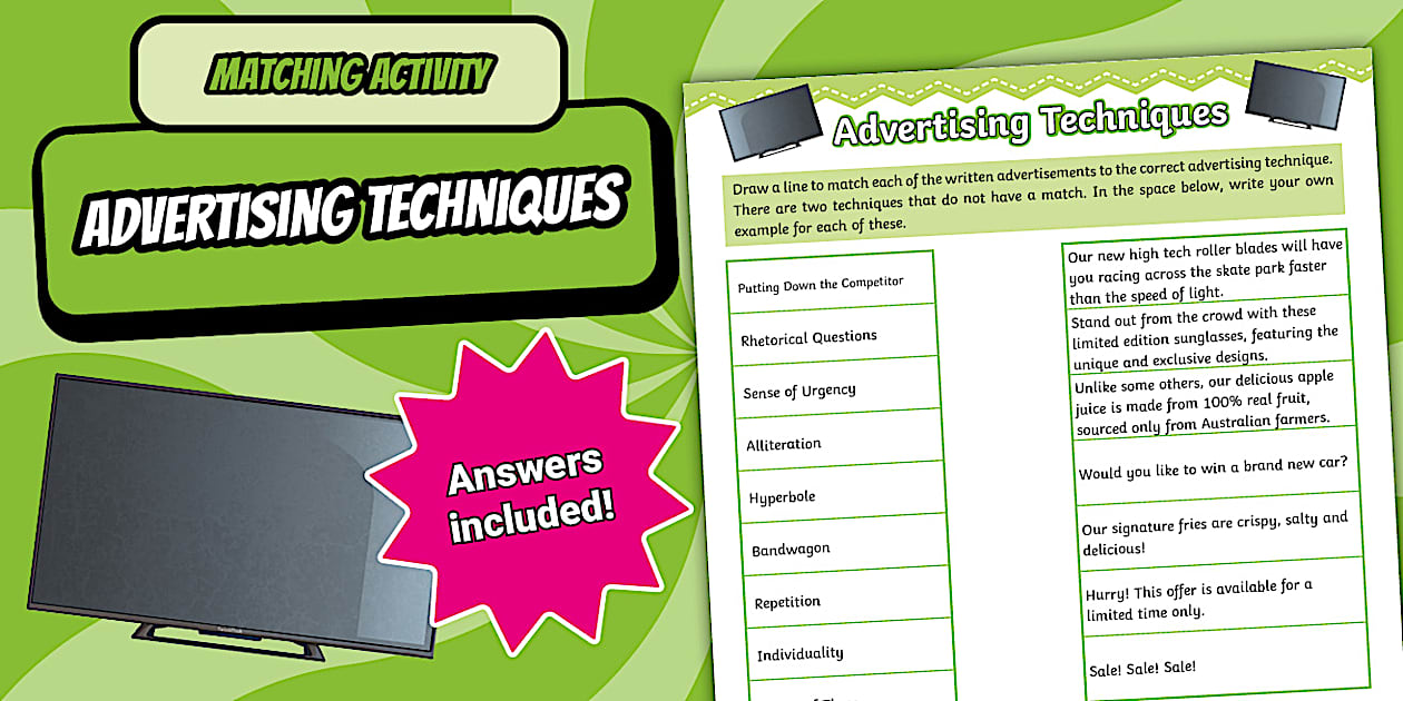 Advertising Techniques Matching Activity | Year 3-6 English