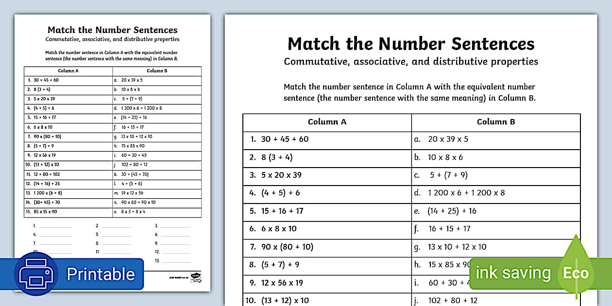 Match the Number Sentences Activity Sheet (Teacher-Made)
