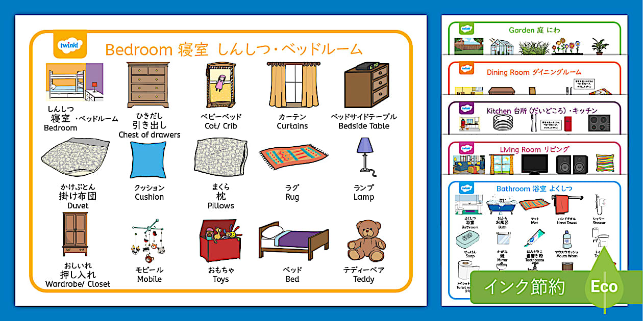 おうちにあるもの 単語シート セット 英語と日本語 At Home Word Mat Pack Japanese English