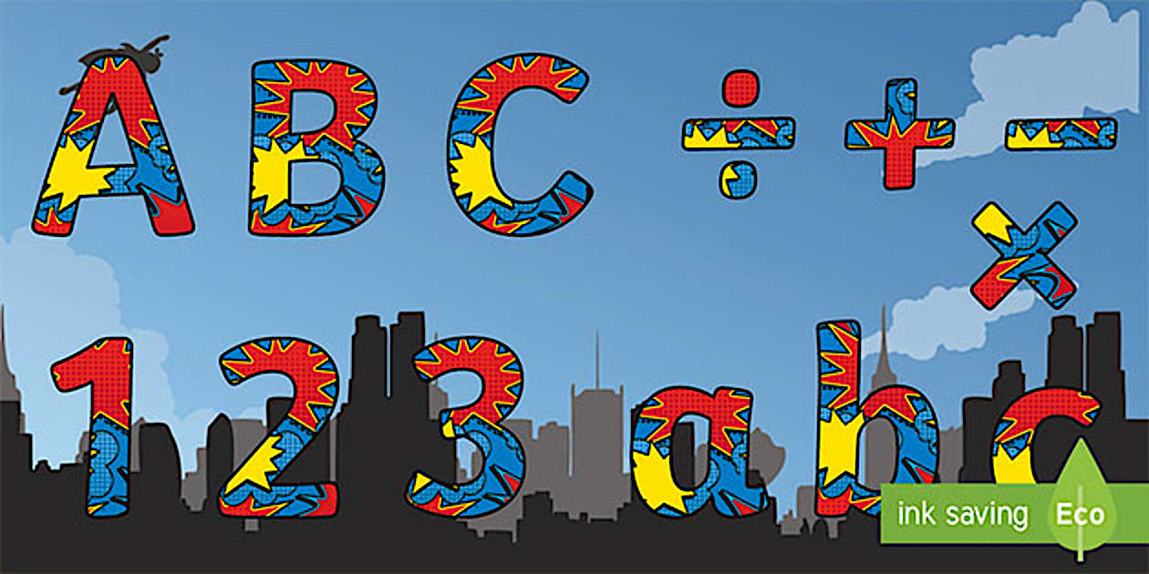 Superhero Bulletin Board Letters and Numbers Pack - Twinkl