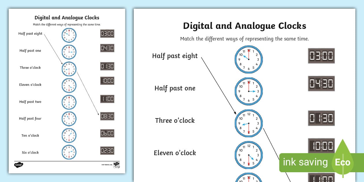 Digital and Analogue Clocks O'Clock and Half Past Worksheet