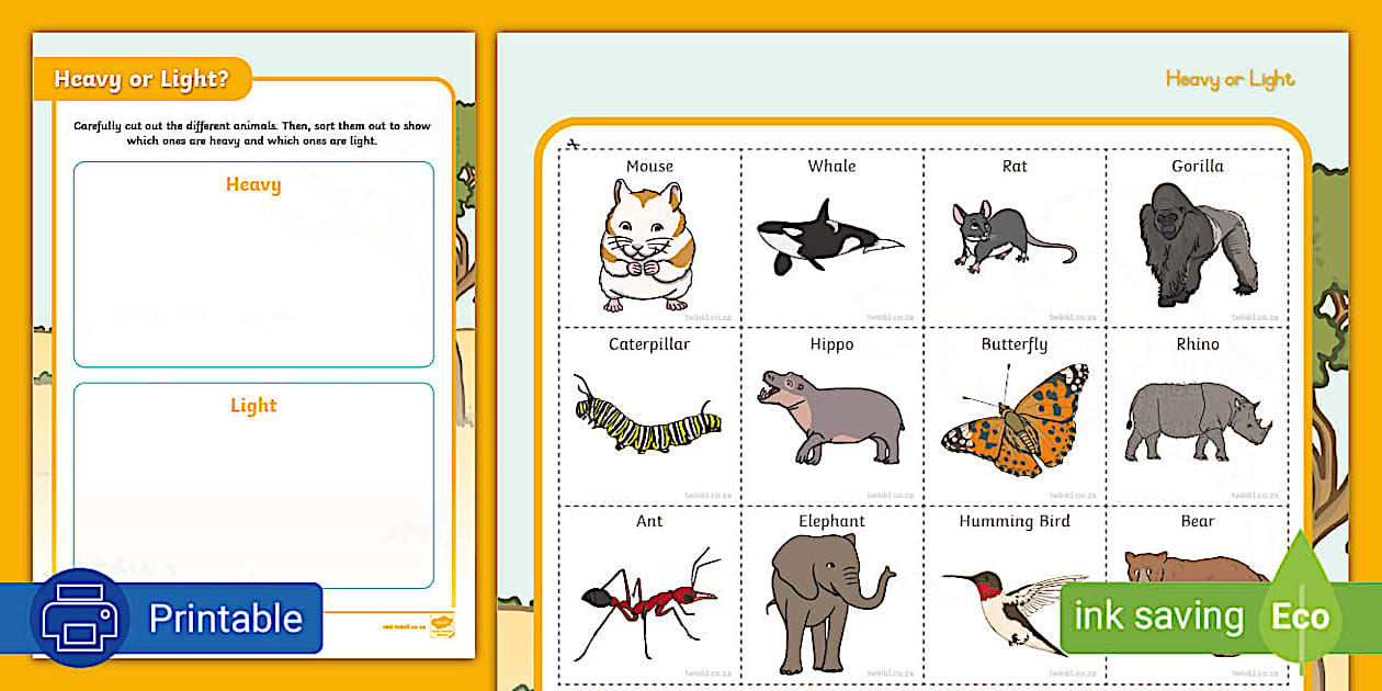 Grade R Mass Heavy and Light Animal Sorting Worksheet