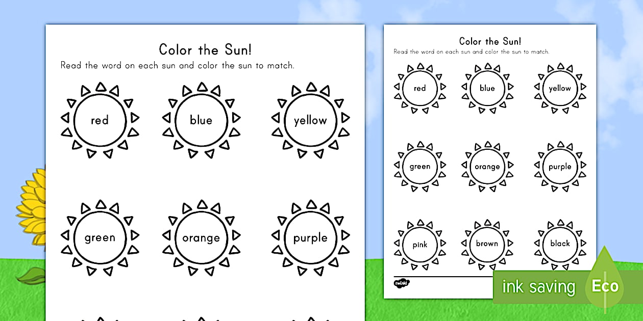 Color Words: Color the Sun Worksheet