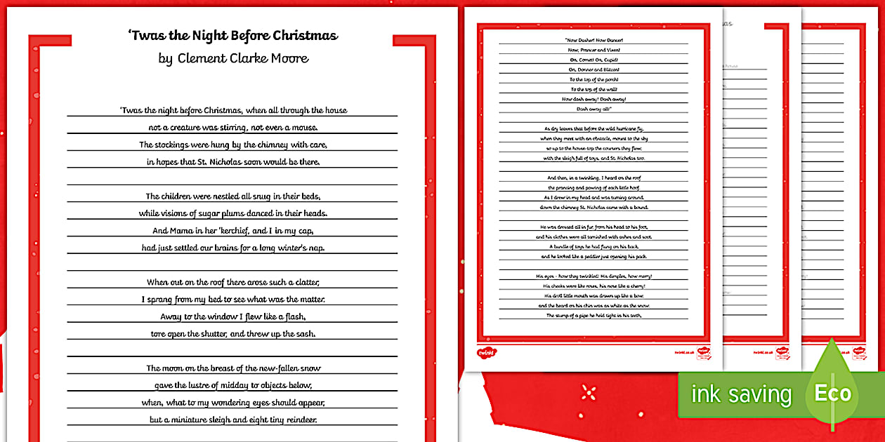 Black and White Twas the Night Before Christmas Handwriting Practice