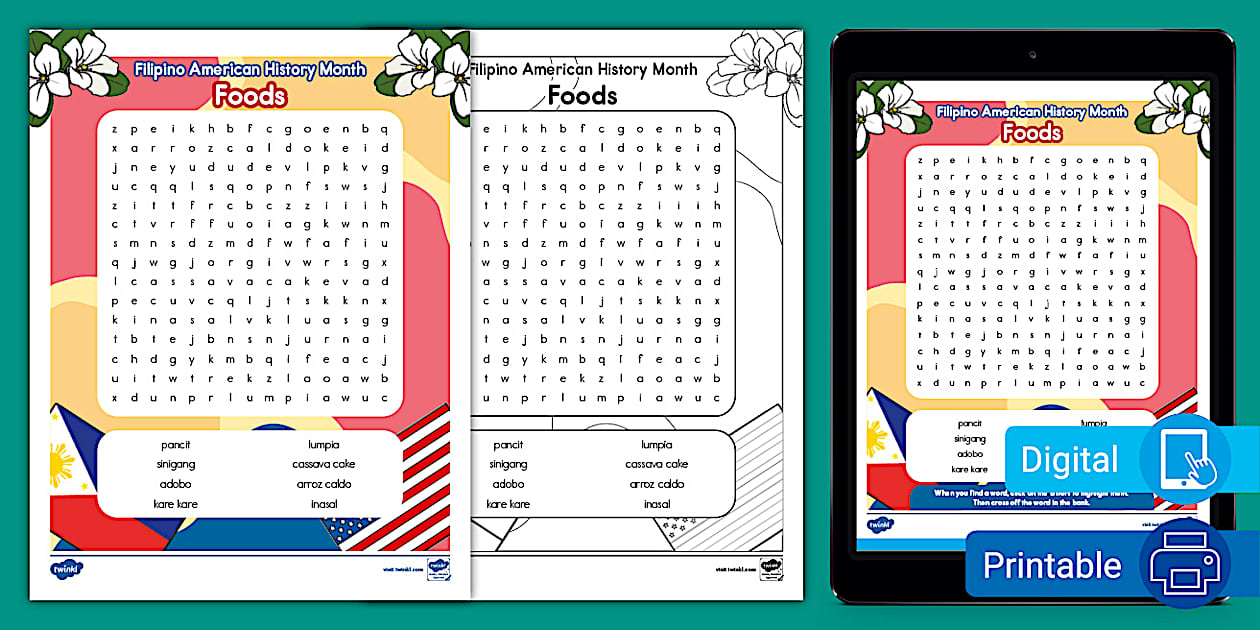 Filipino American History Month Foods Word Search for K-2nd