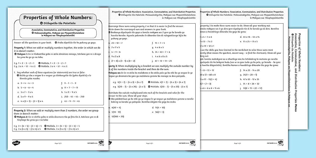 Properties of Whole Numbers: Activity sheet. (teacher made)