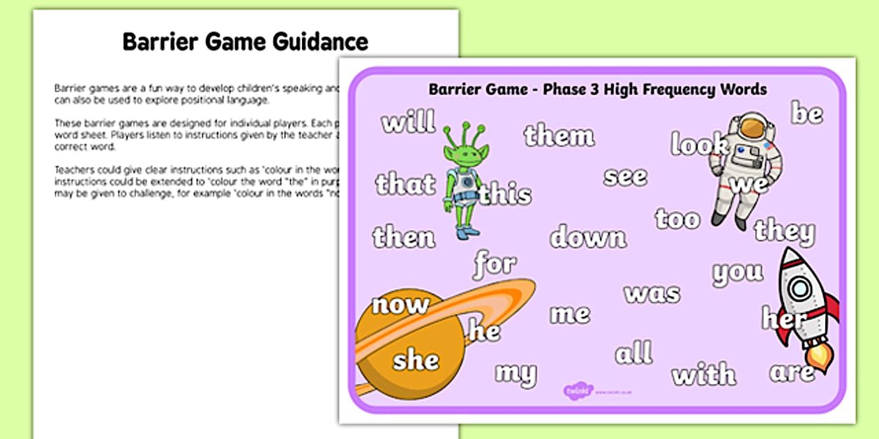Black and White Phase 3 High Frequency Words Barrier Game Worksheet