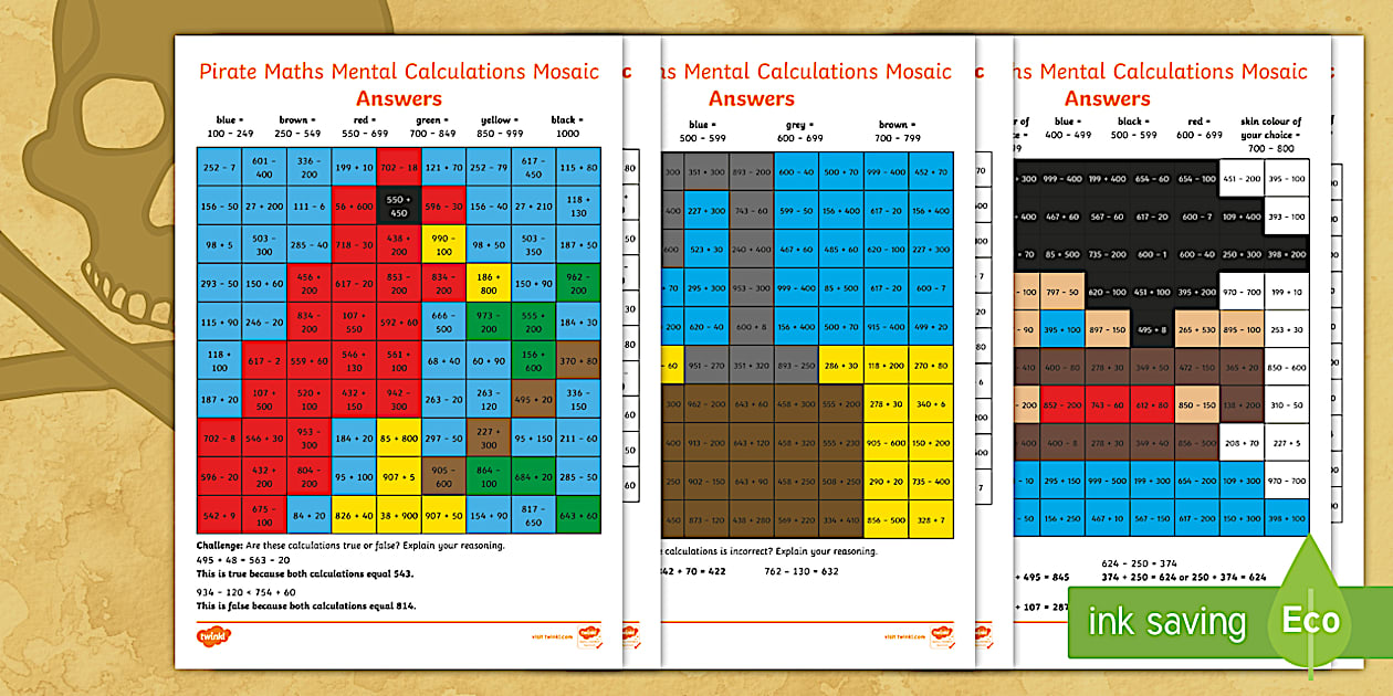 KS2 Pirate Maths Mental Addition and Subtraction Calculationsn Mosaics