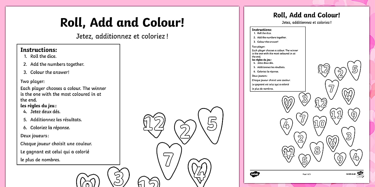 Valentine's Day Colour and Roll Worksheet French Translation
