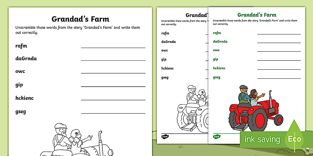 Grandad's Farm Word Scramble Worksheet / Worksheet - Twinkl