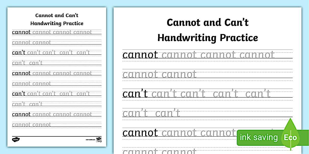 Cannot and Can't Handwriting Practice Worksheet