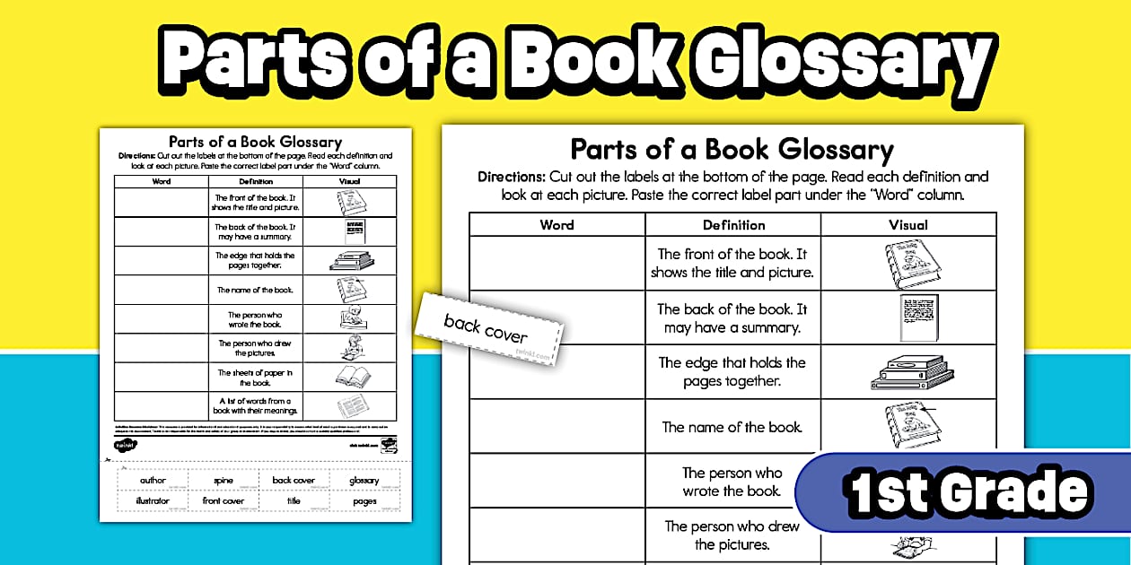 Parts of a Book Glossary Cut and Paste Worksheet K-1st Grade