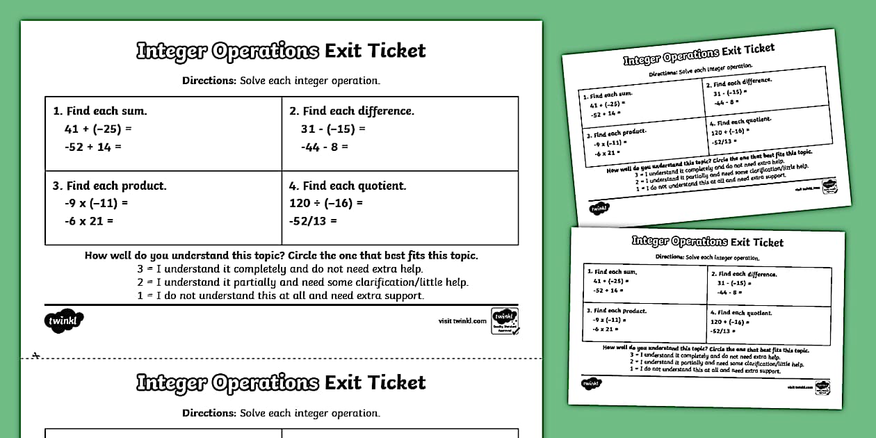 Seventh Grade Integer Operations Exit Ticket (teacher made)