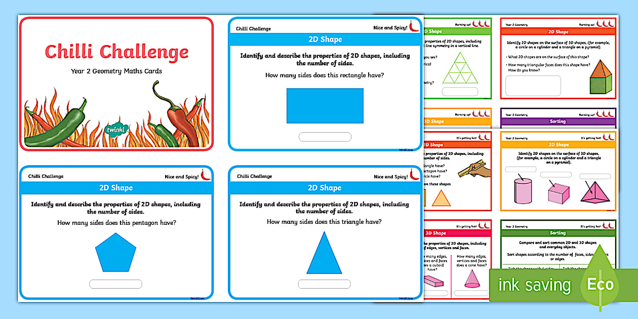 Chilli Challenge Year 2 Geometry Maths Cards - Twinkl